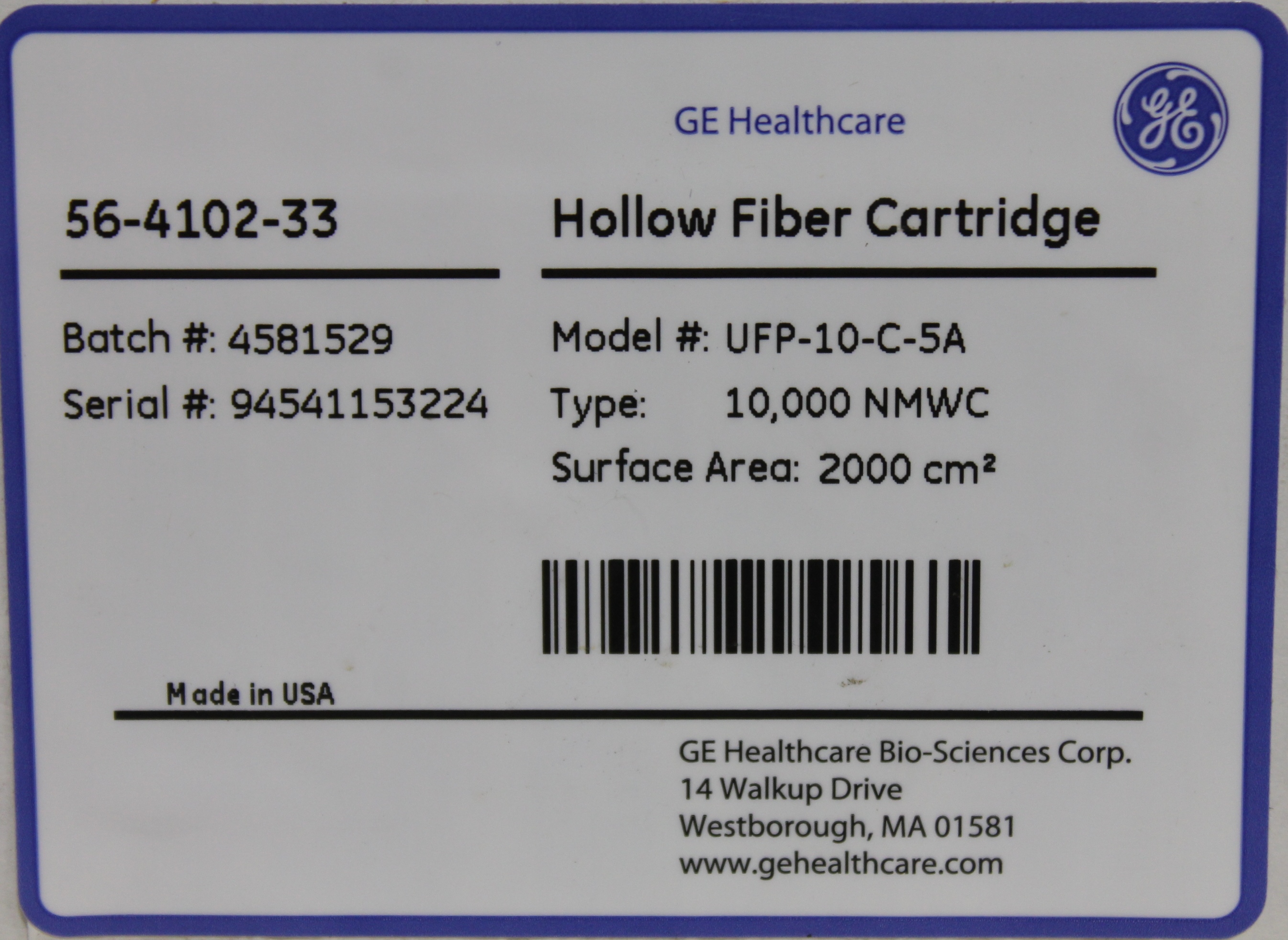 GE Healthcare Life Sciences 5A Ultrafiltration Hollow Fiber Cartridge ...